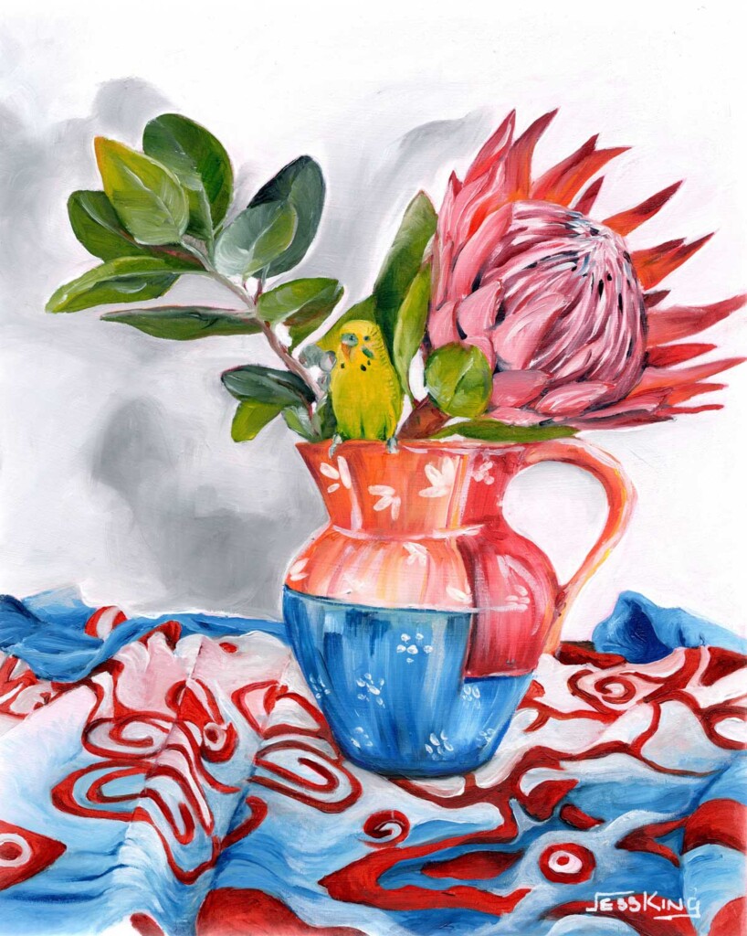 Protea and budgie still life - Jess King Artist