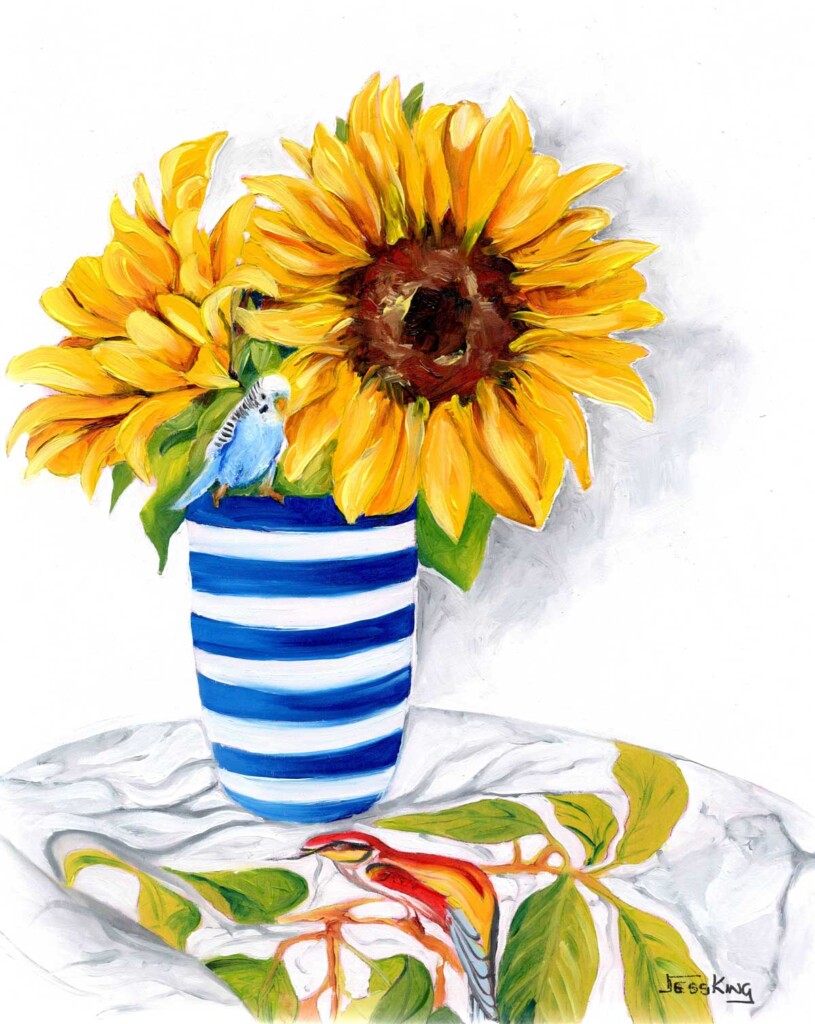 Sunflowers and budgie still life - Jess King Artist