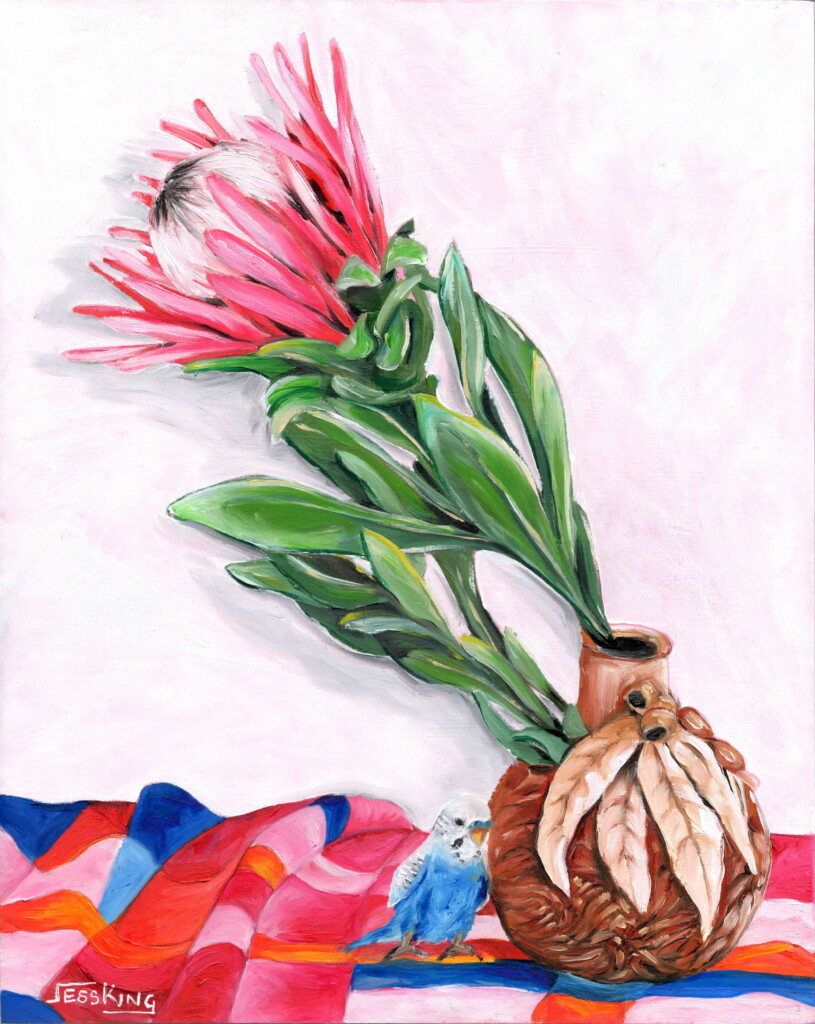 Budgie, Protea and Wartook Vase - Jess King Artist