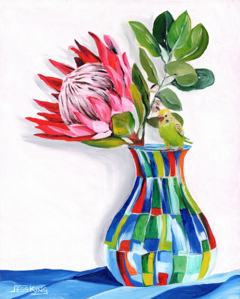 Protea, Multi-coloured Vase and Budgie - Jess King Artist